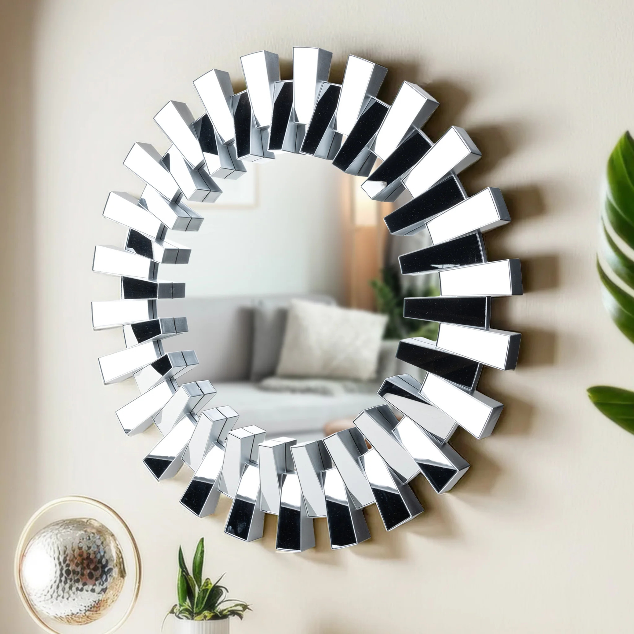 Silver Round Glass Mirror, 3D Wall Art for Living Room, Indoor ...