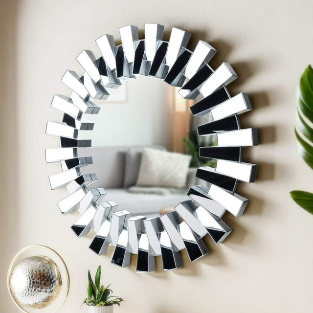 Silver Round Glass Mirror, 3D Wall Art for Living Room, Indoor ...