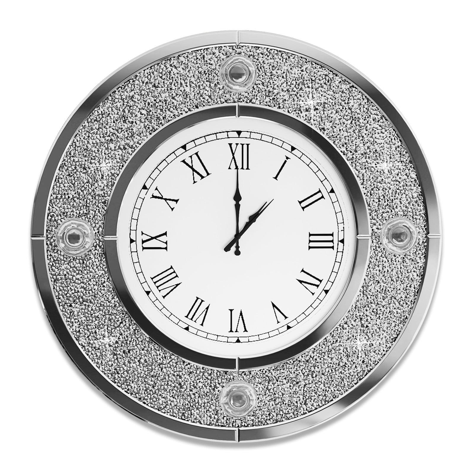 Silver Round Glass Mirrored Wall Clock 24inch with Crystal Sparkle ...