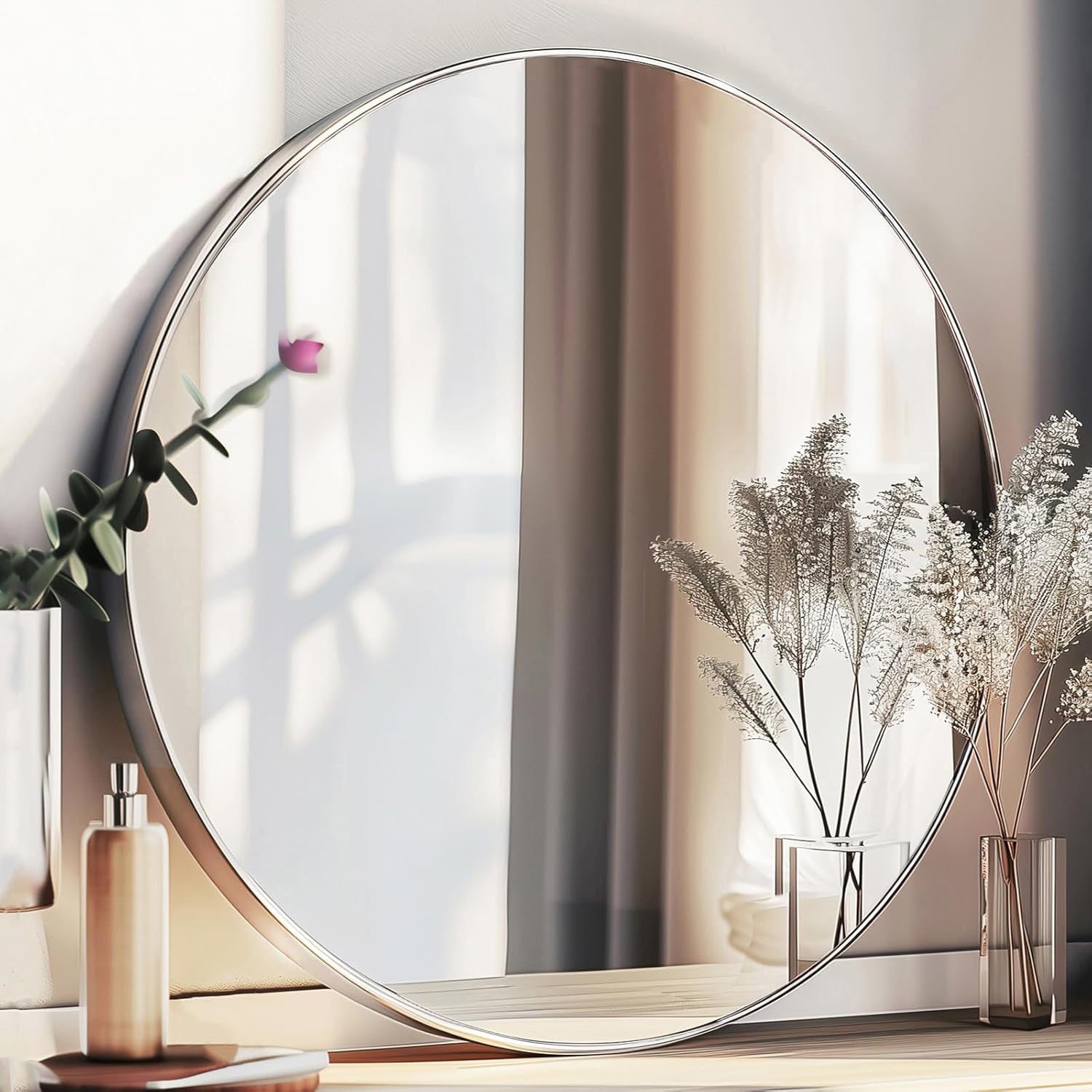 24 Inch Silver Round Mirror with Metal Frame, Circular Wall Mirror for ...