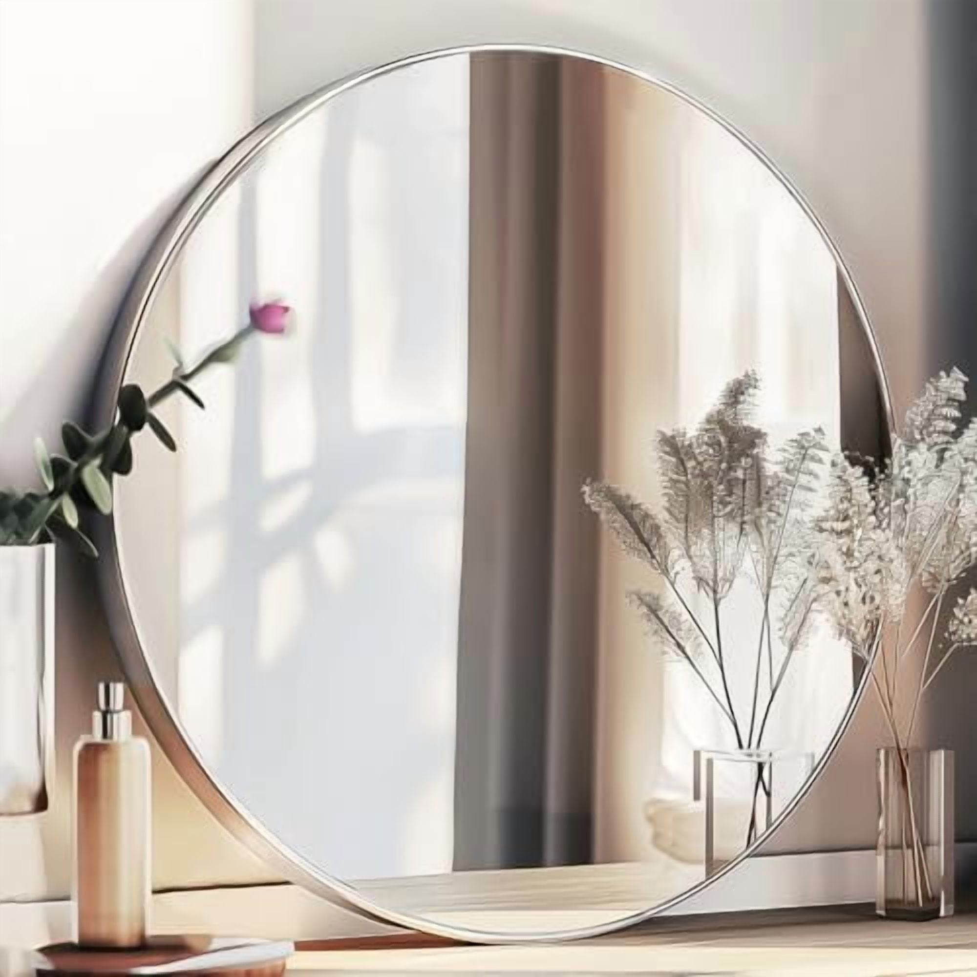 Silver Round Mirror 26 inch, Silver Circle Mirror with Aluminum Frame ...