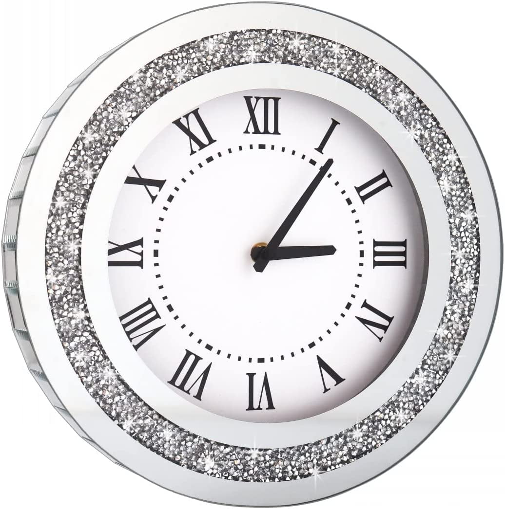 Silver Round Mirror Clock 12inch Crystal Sparkle Twinkle Bling Crush ...