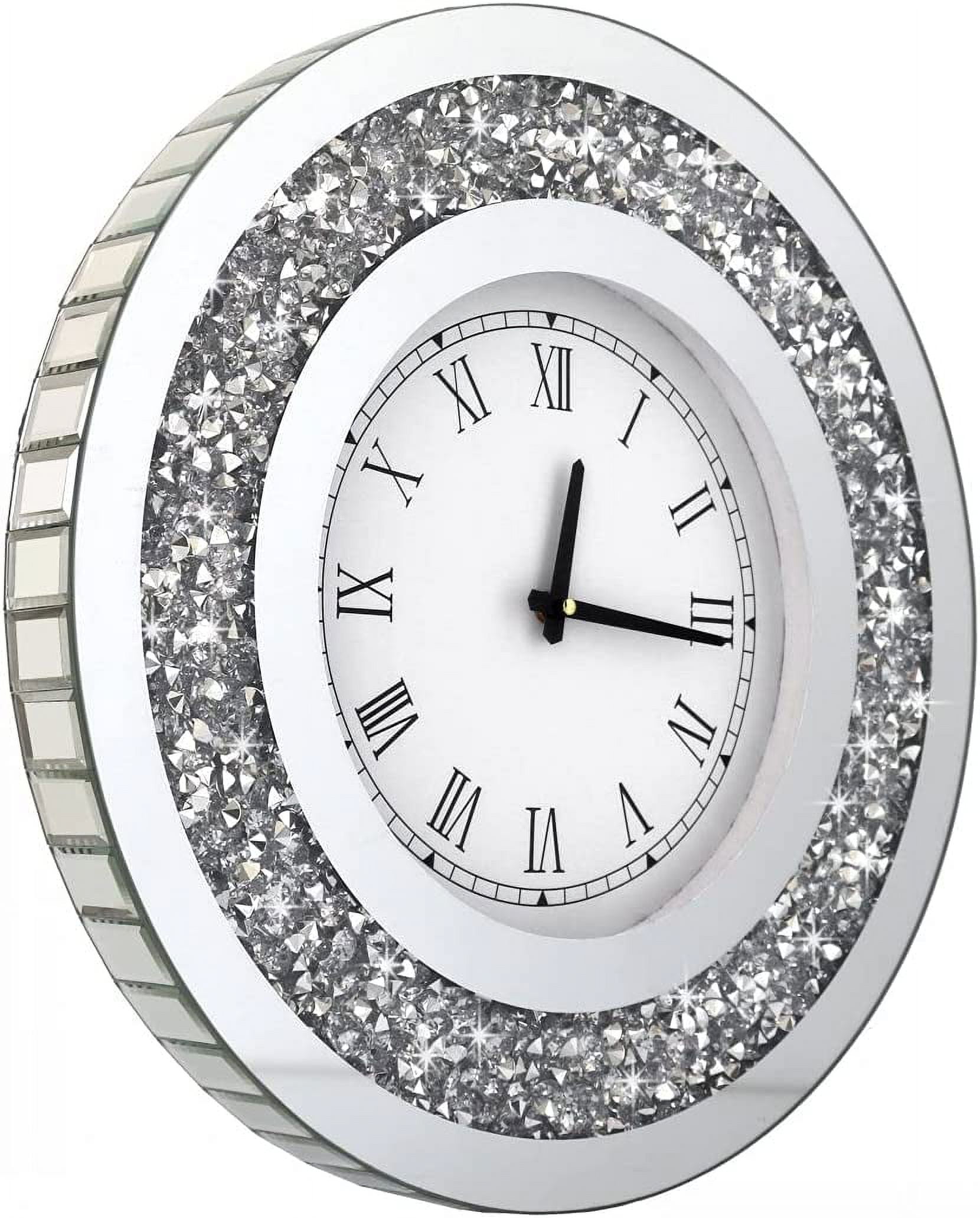 Silver Round Mirror Clock 20x20inches Crystal Sparkle Twinkle Bling ...