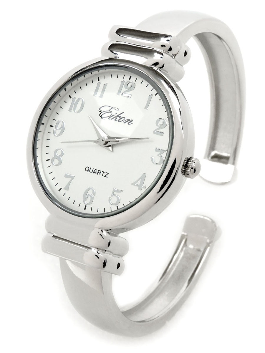 STC SilverTone Slim Bangle Cuff Watch with Metal Band, White Dial, and ...
