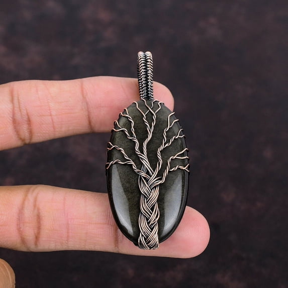 Silver Sheen Obsidian Wire Wrapped Tree Of Life Pendant Copper 2.72 ...