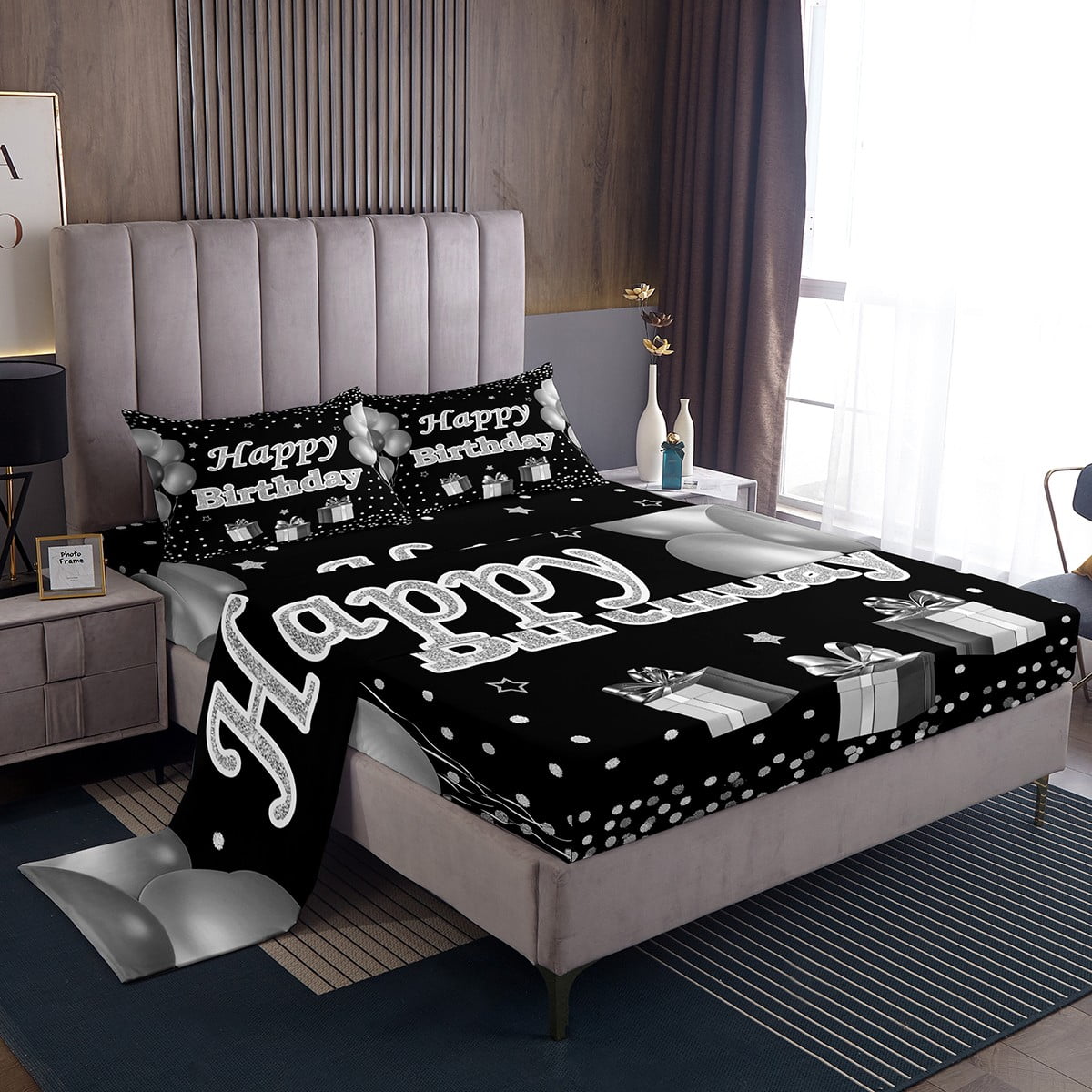 Silver Sheet Set Happy Birthday Sheets, Birthday Party Decorations Bed ...