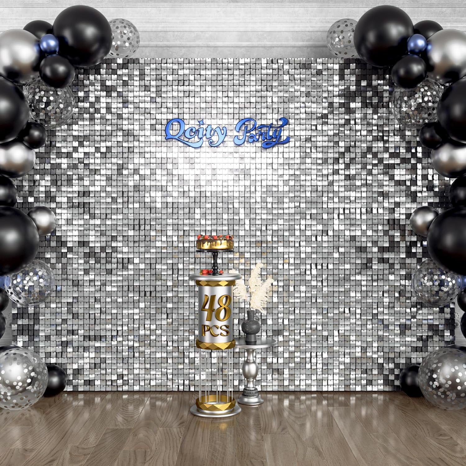 Silver Shimmer Wall Backdrop 48PCS, Black Back Not See-Through Design ...