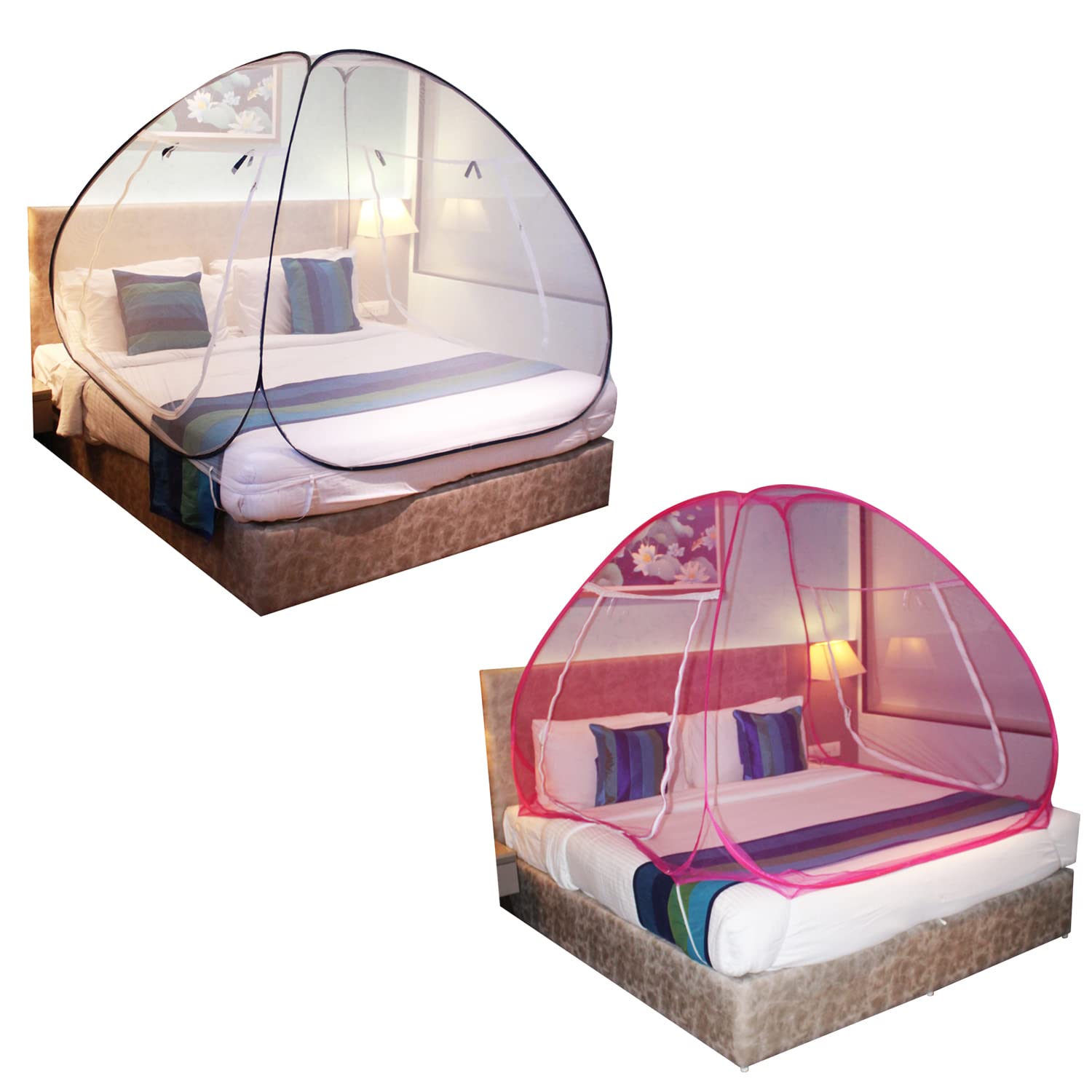 Silver Shine Mosquito Net Combo Black Patti and Pink Foldable Double ...