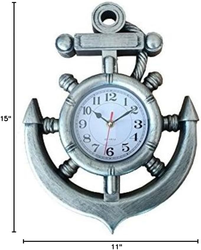 Silver Ship Wheel and Anchor Wall Clock 15" - Nautical Clock - Nautical ...