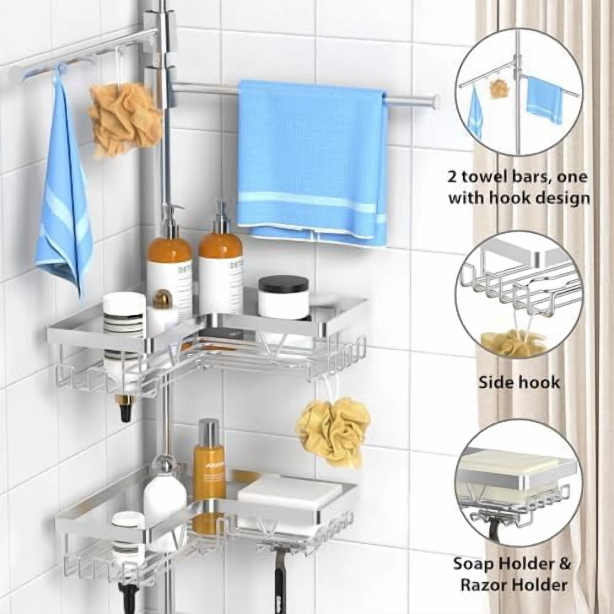 Silver Shower Caddy Tension Pole with Towel Bars, Adjustable Corner ...