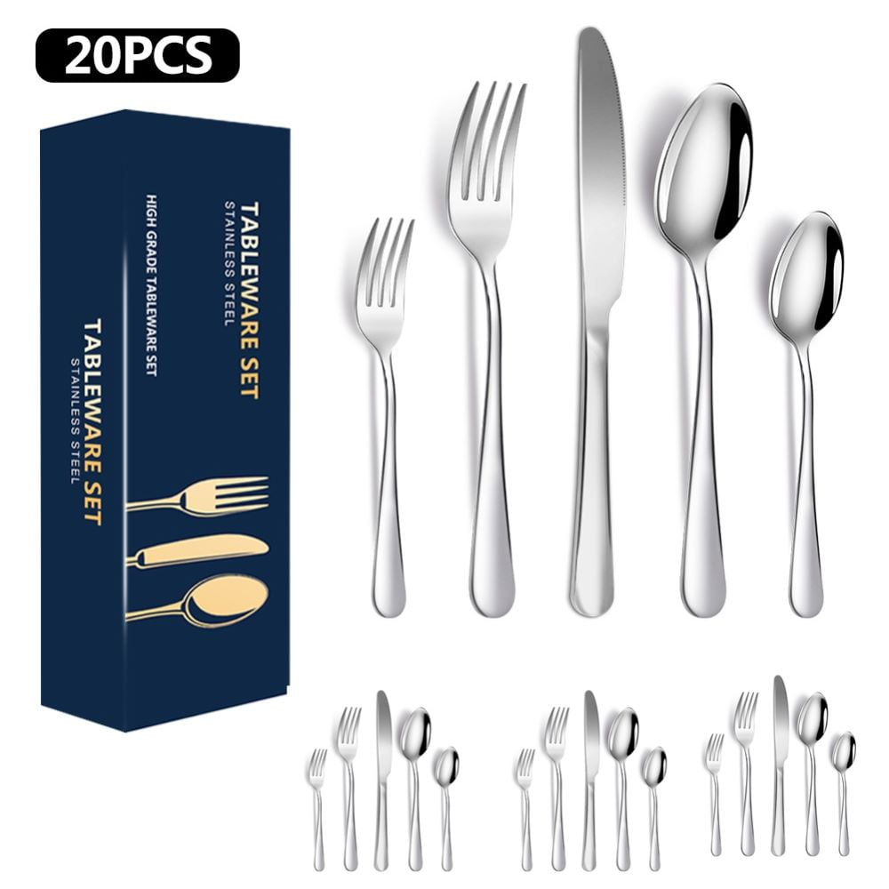 Silver Silverware Set 20 Pieces Stainless Steel Flatware Set, Kitchen ...