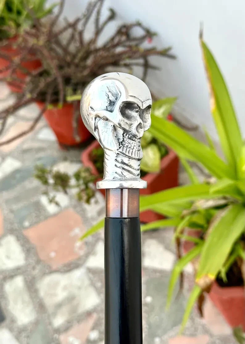 Silver Skull Walking Cane, Unique Gothic Walking Stick, Custom Skull ...