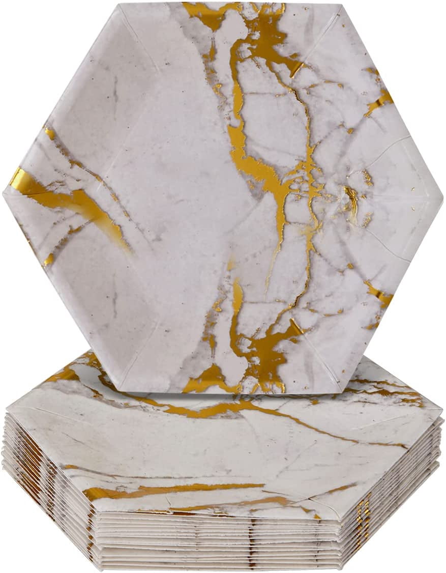 Silver Spoons GOLD MARBLE DESIGN PAPER PLATES | Hexagon Dinner Plates ...