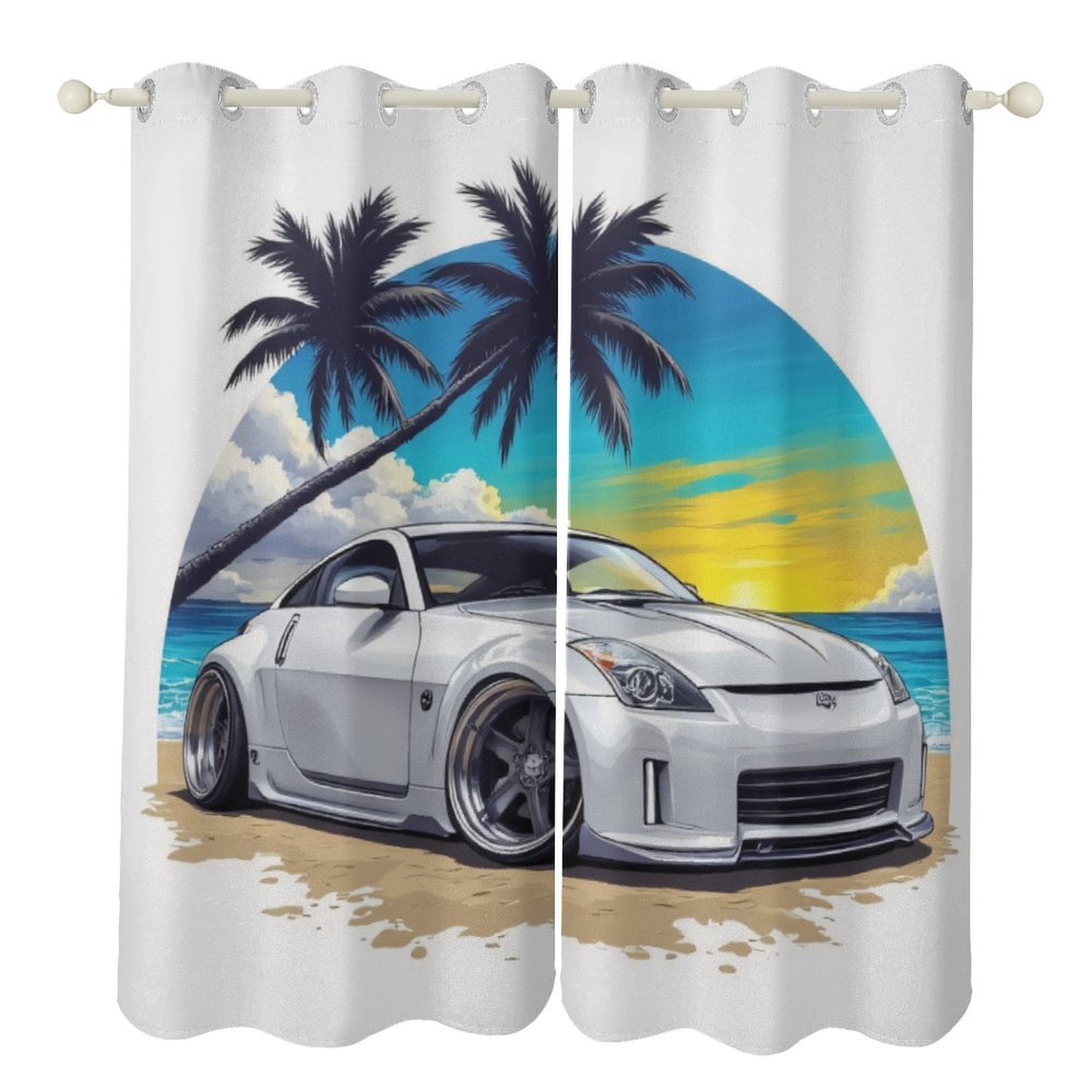 Silver Sports Car on Beach Sunset Luxury Window Curtains Blinds for ...