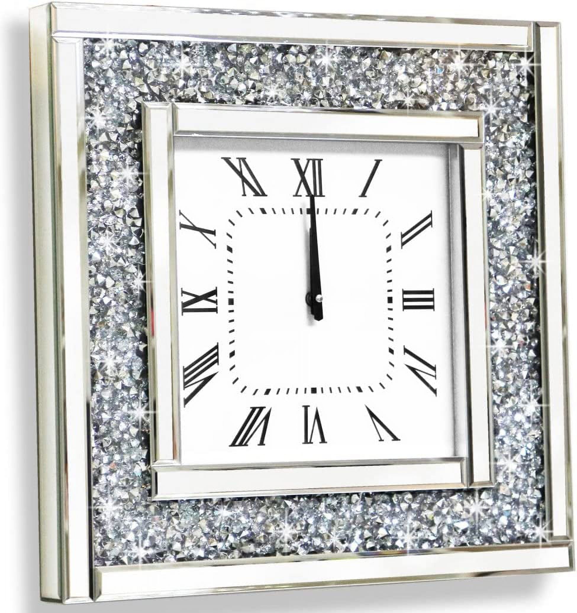 Silver Square Mirror Clock 20x20inches Crystal Sparkle Twinkle Bling ...