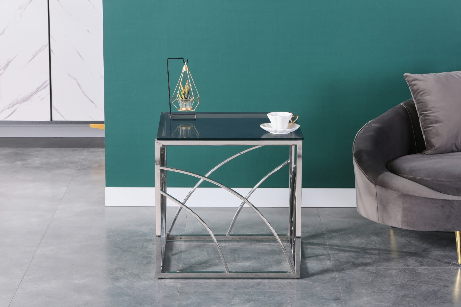 Silver Square Nesting Glass Tea Table with Curved Pattern, Modern ...