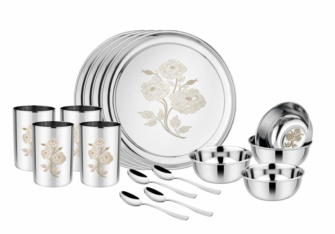 Silver Stainless Steel Floral Heavy Gauge Laser Design Dinner Set, 16 ...