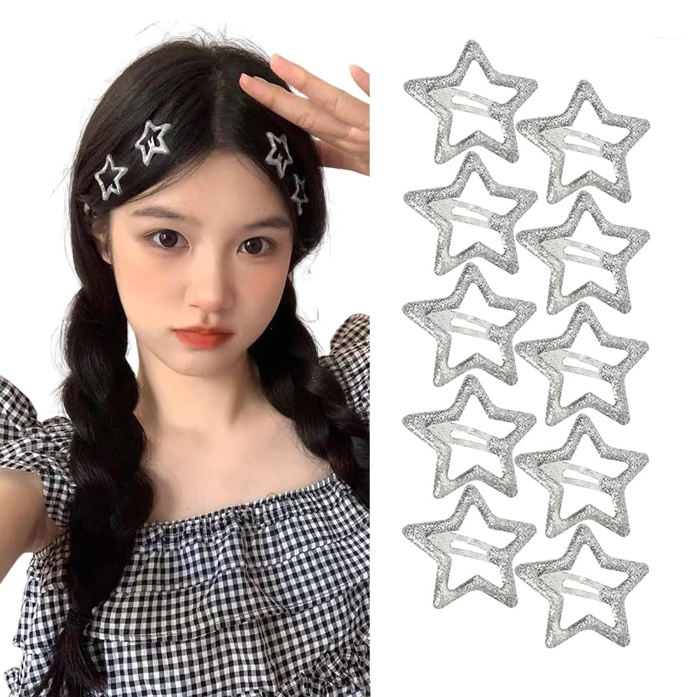 Star Hair Clips Silver Y2K Snap Clips for Women Girls 10 Pieces Egirl ...