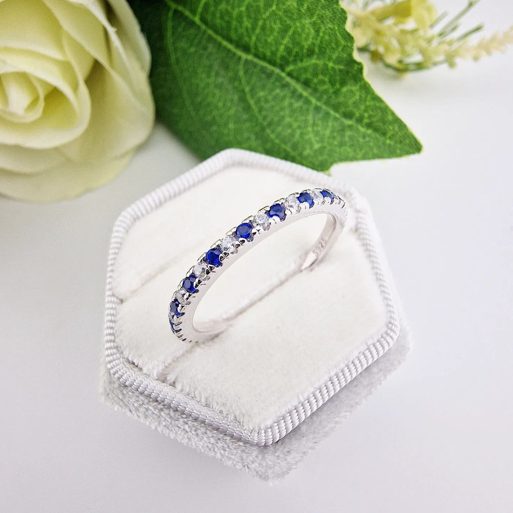 Silver & Stone Jewels Blue CZ Eternity Band Ring – Dainty Silver Tone ...