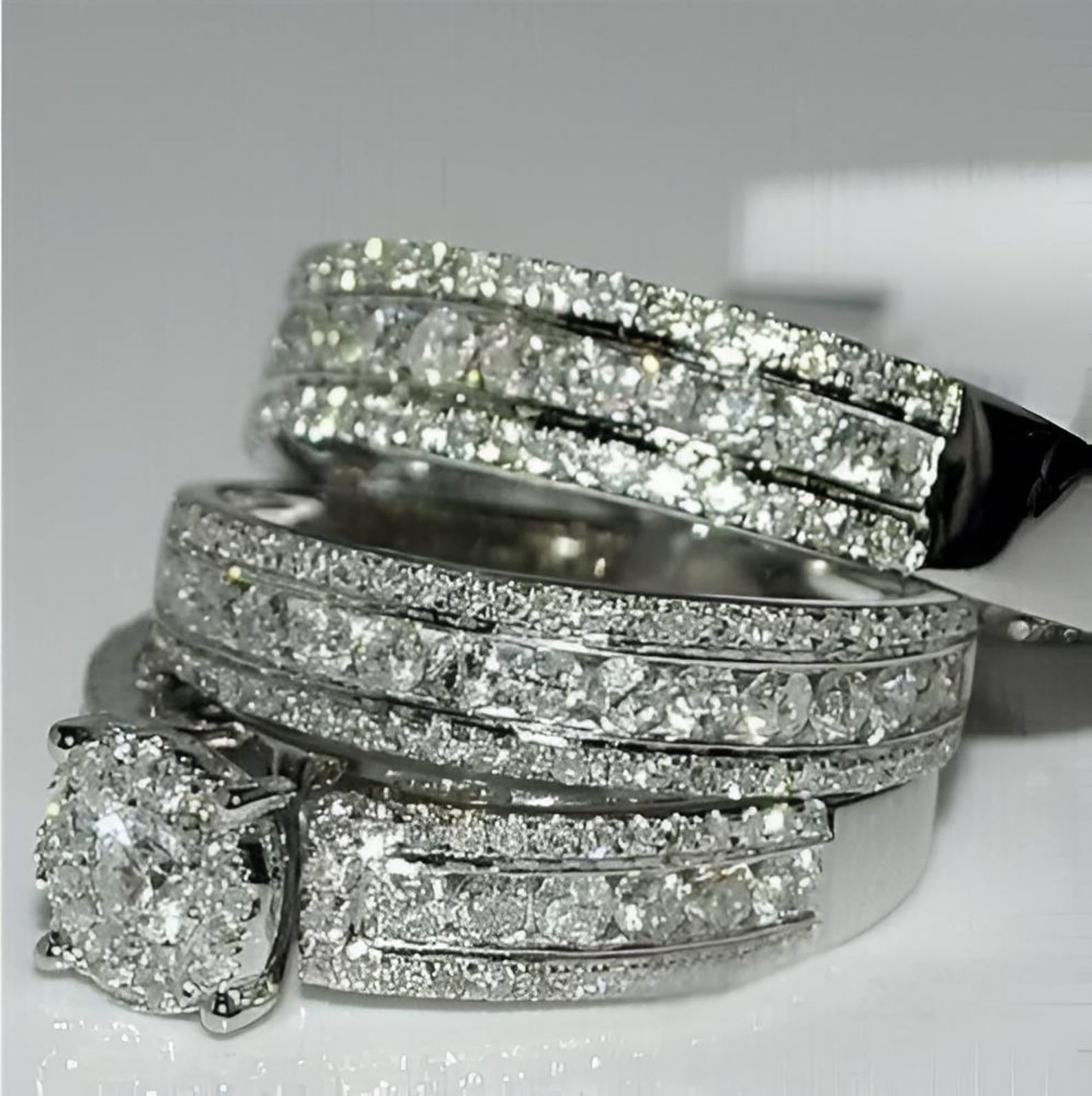 Silver & Stone Jewels Cluster Round Diamond His & Her Engagement ...