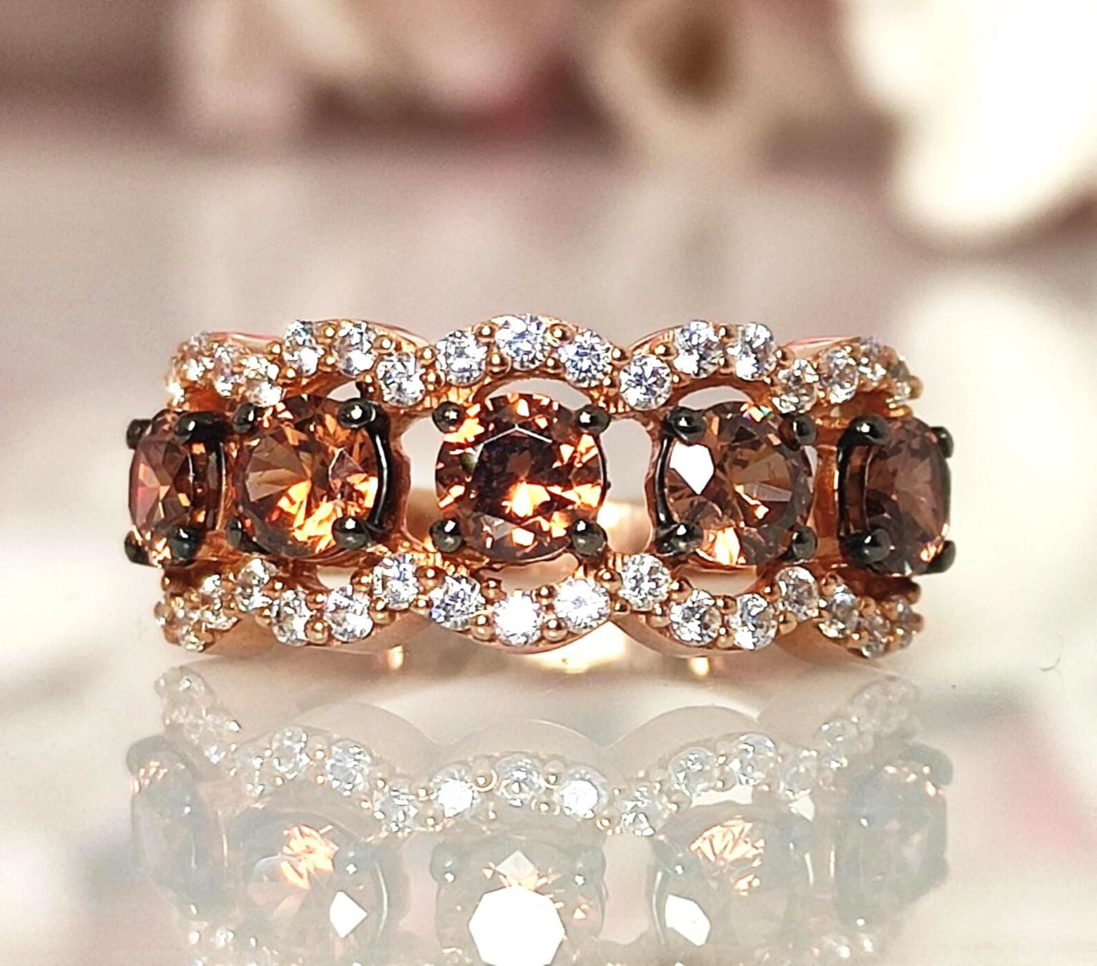 Silver & Stone Jewels Rose Gold Finish Multi-Stone Band Ring with Brown ...