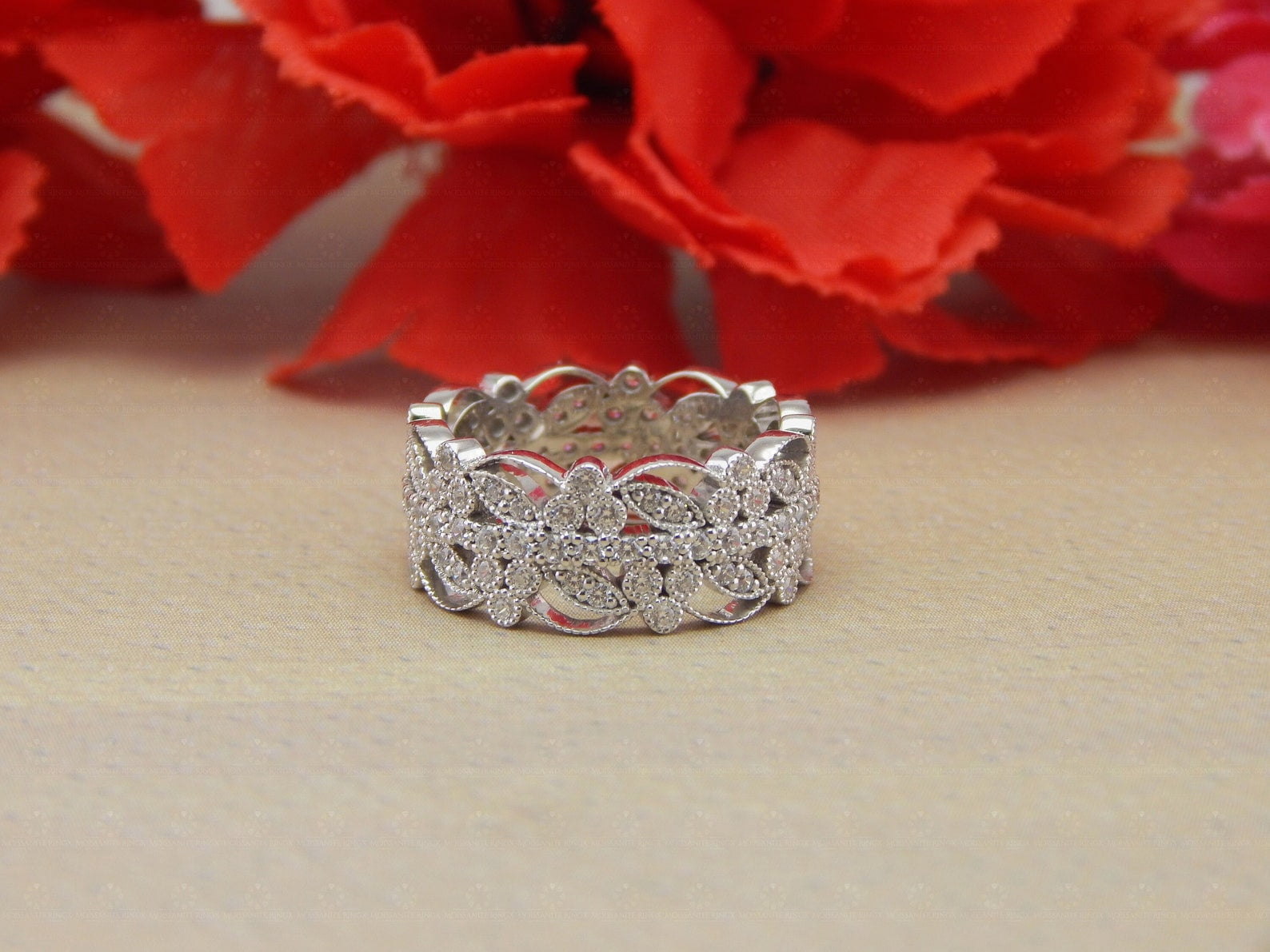Silver & Stone Jewels Sterling Silver Floral Eternity Ring with CZ ...