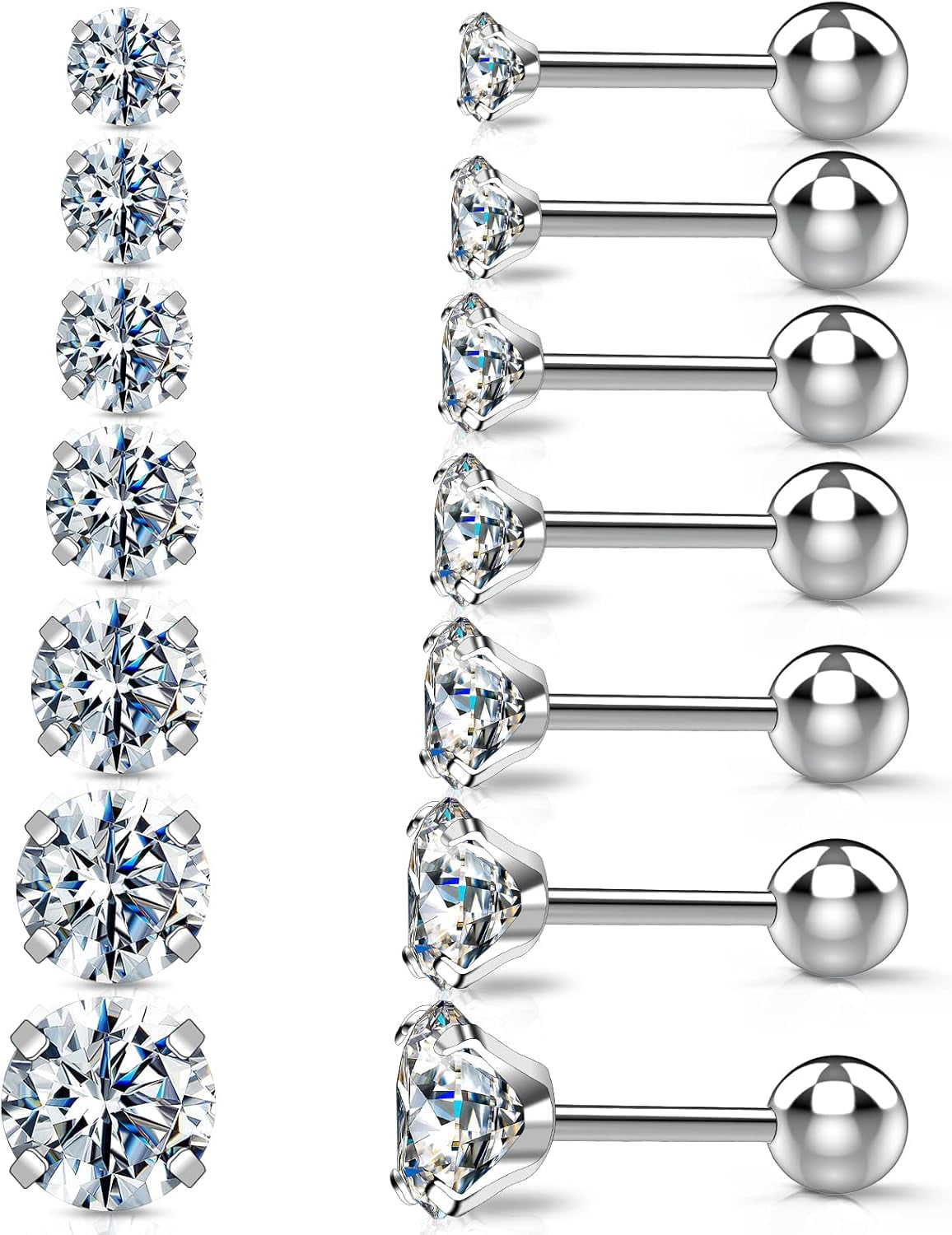 Silver Stud Earrings Set 7Pairs Hypoallergenic Cubic Zirconia Titanium Stainless Steel Silver ...