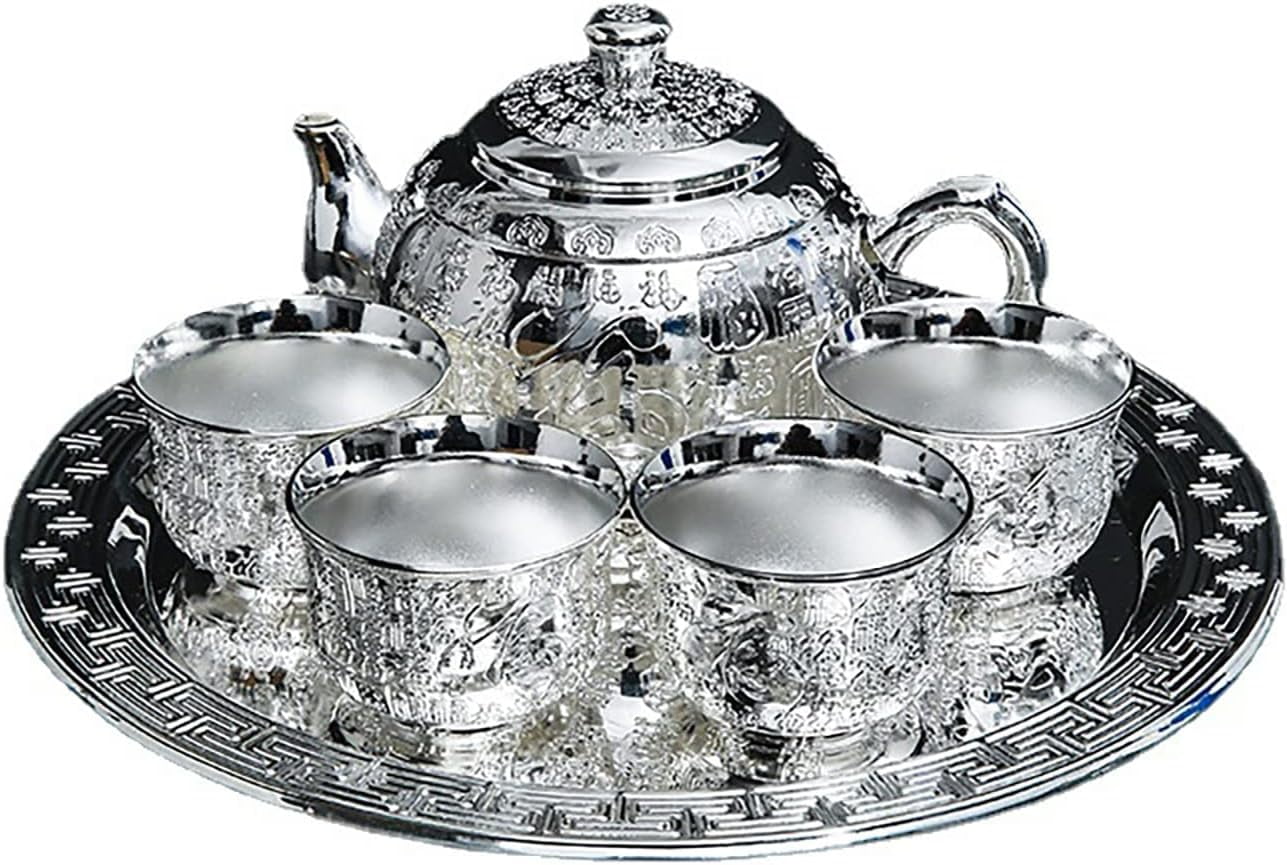 Silver Tea Set of 6,Handmade Vintage Chinese Dragon and Phoenix Tea ...