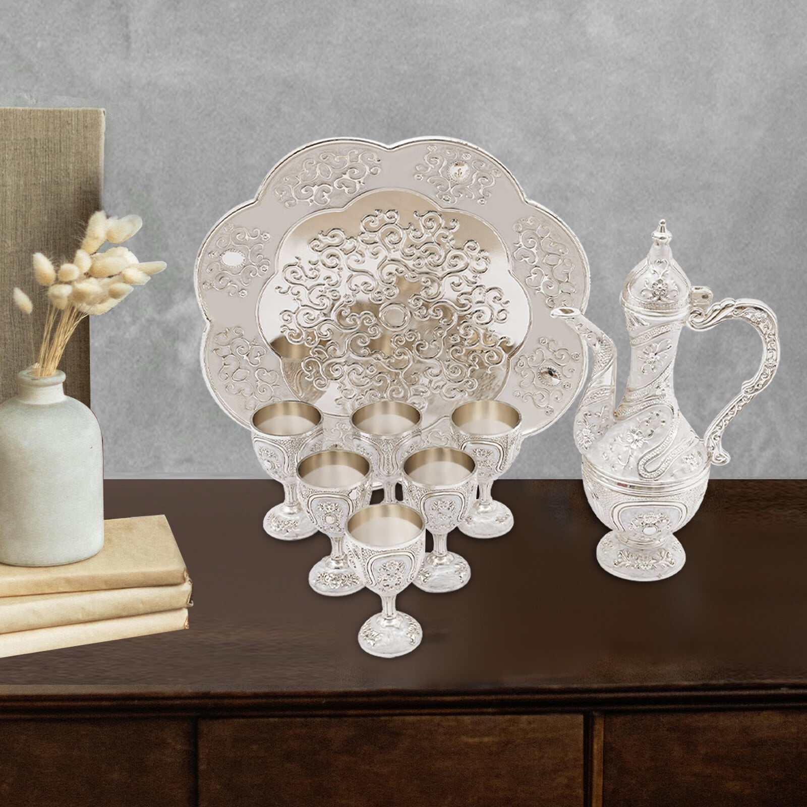 Silver Teapot Vintage Zinc Alloy Tea Set w/ 6 Cups & Tray for serving ...
