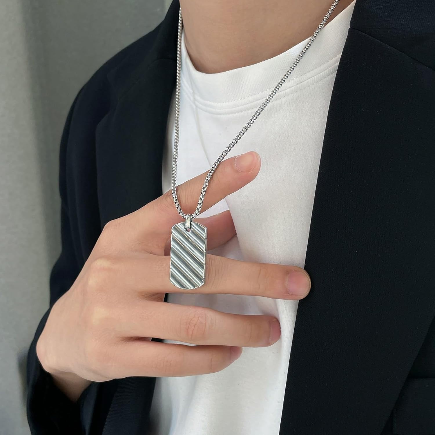 Silver Textured Rectangular Pendant Necklace Stylish Rectangle Tag ...