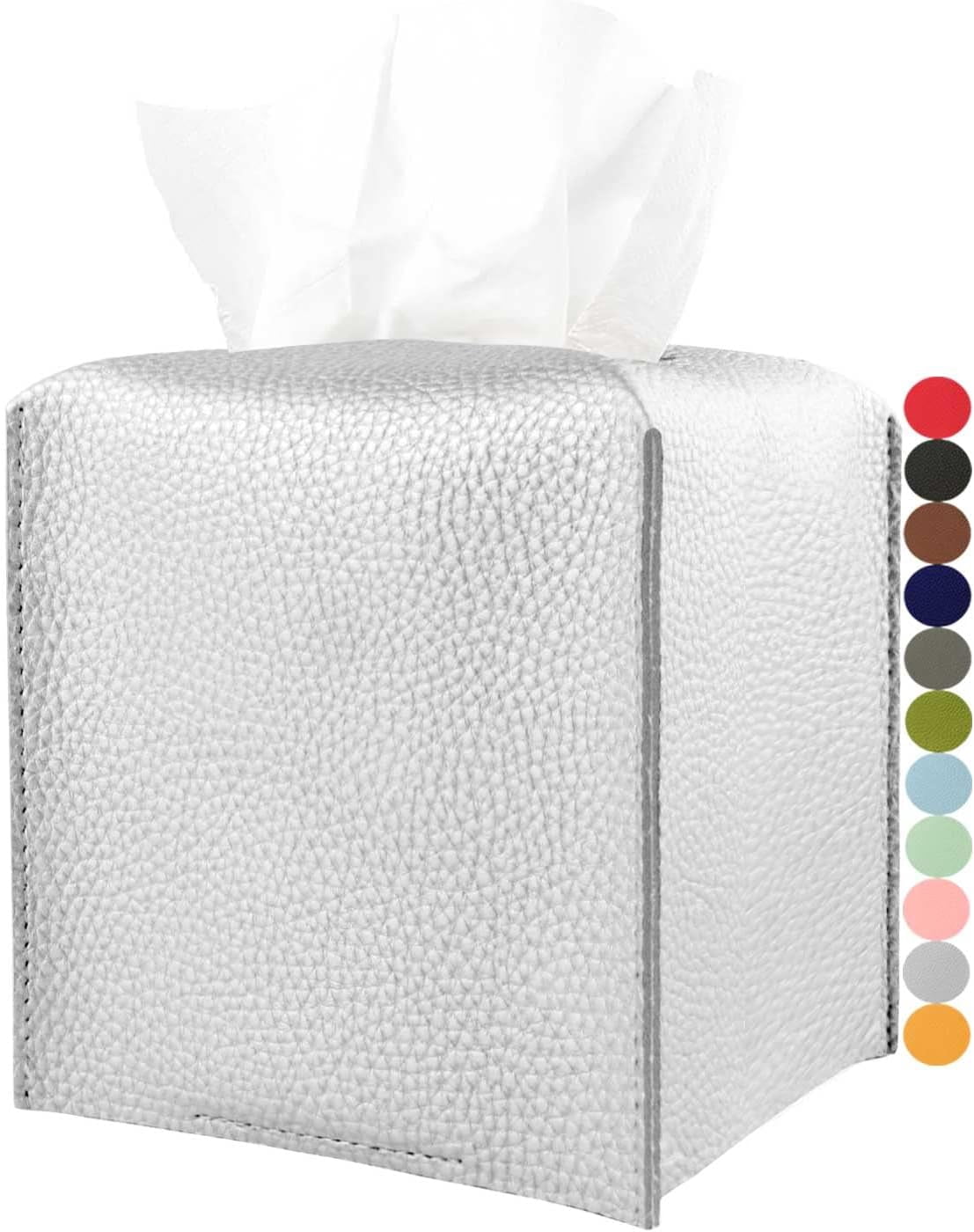 Silver Tissue Box Cover Leather – Square Tissue Box Holder with Bottom ...