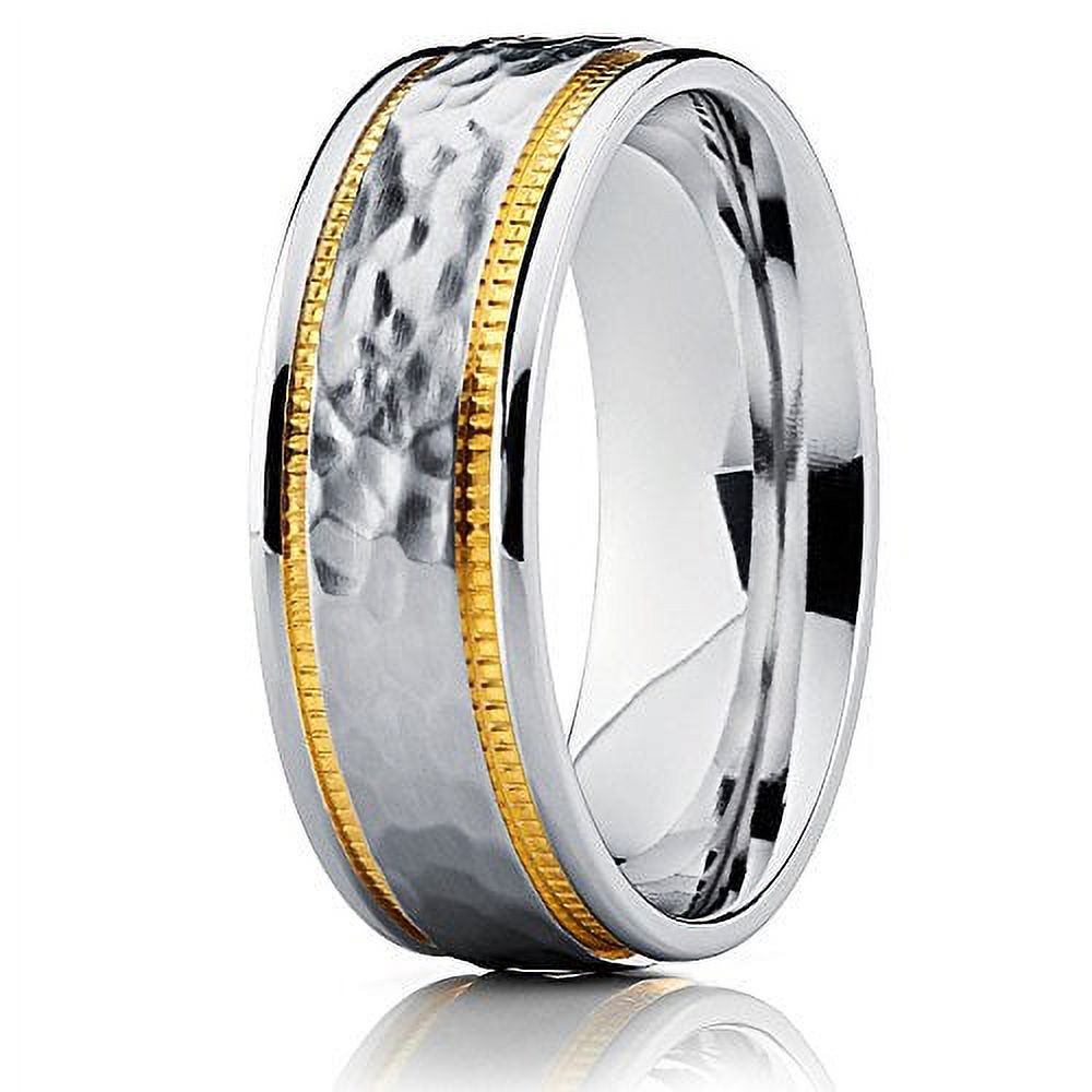 Silver Titanium Wedding Band Hammered Titanium Ring 8mm 18K Yellow Gold ...