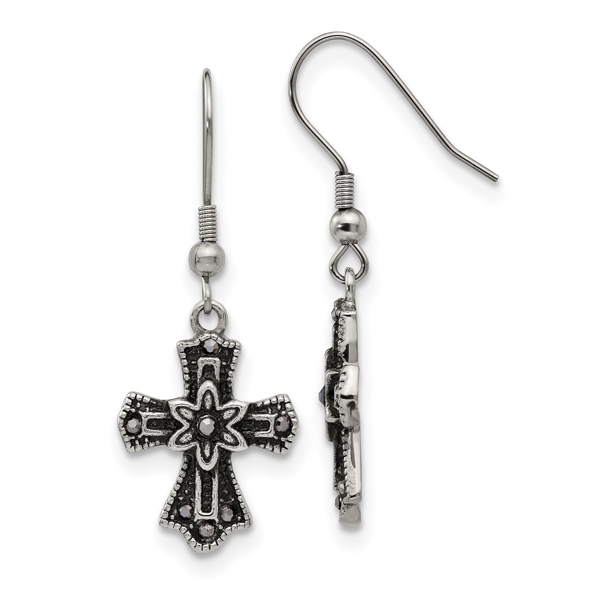 Silver Tone Cross Earrings with Antique Finish Flower Center Beaded ...
