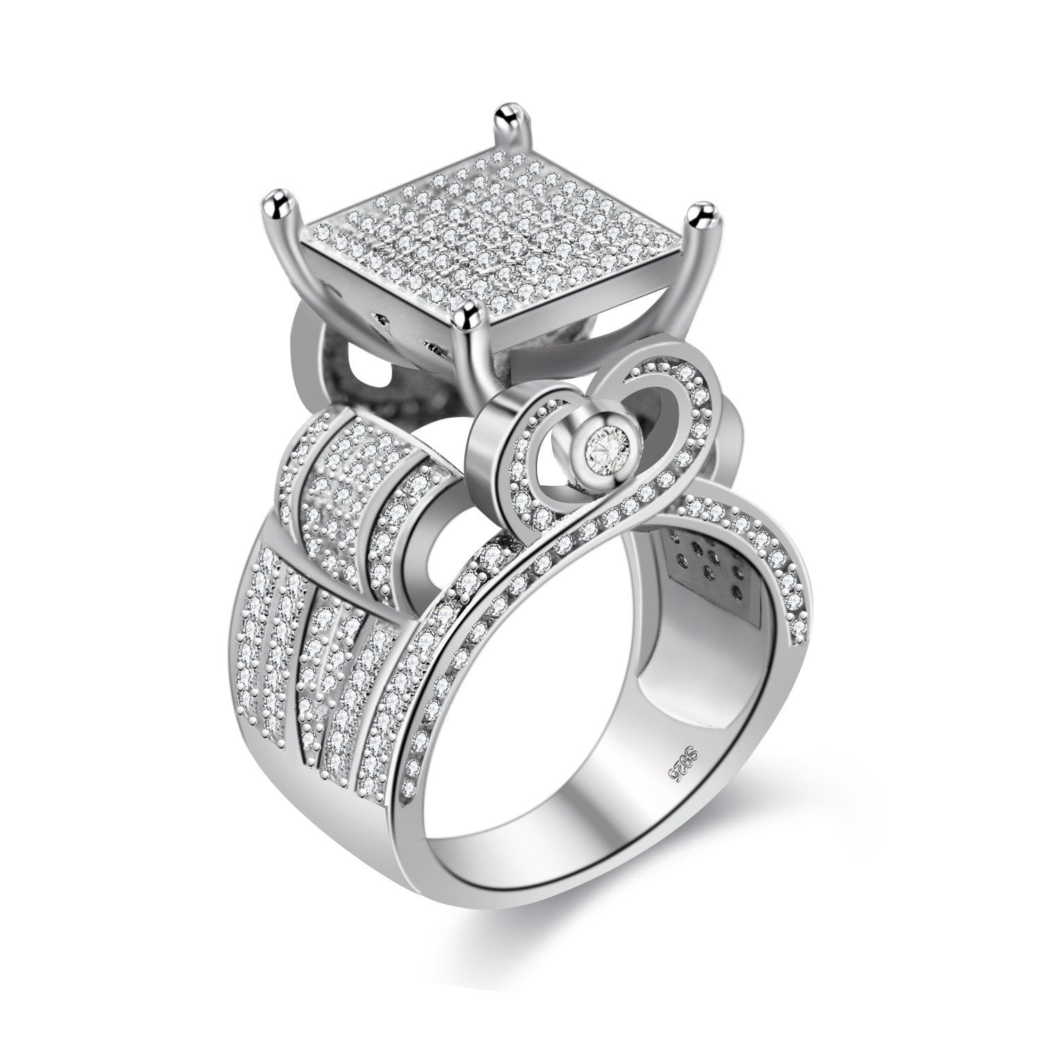 Silver Tone Micro Cubic Zirconia Pave Square Cocktail Ring, Fashion ...