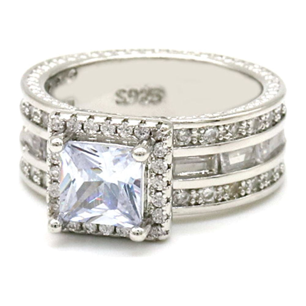 Silver-Tone Mult-Cut Three Row Engagement Ring with Genuine Crystals ...