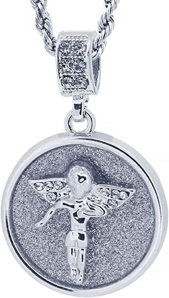 Silver Tone Round Angel Of Love Pave Pendant 24" Rope Chain #2019 ...