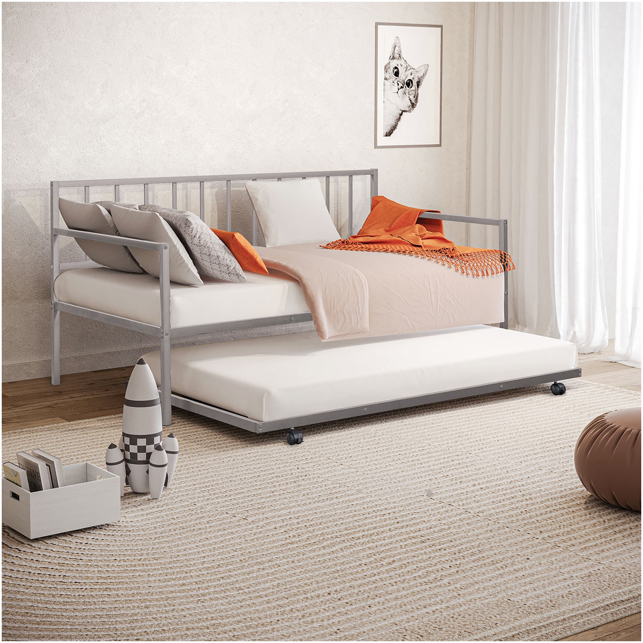 Silver Twin Daybed with Trundle, Full Metal Frame Space Saving Design ...