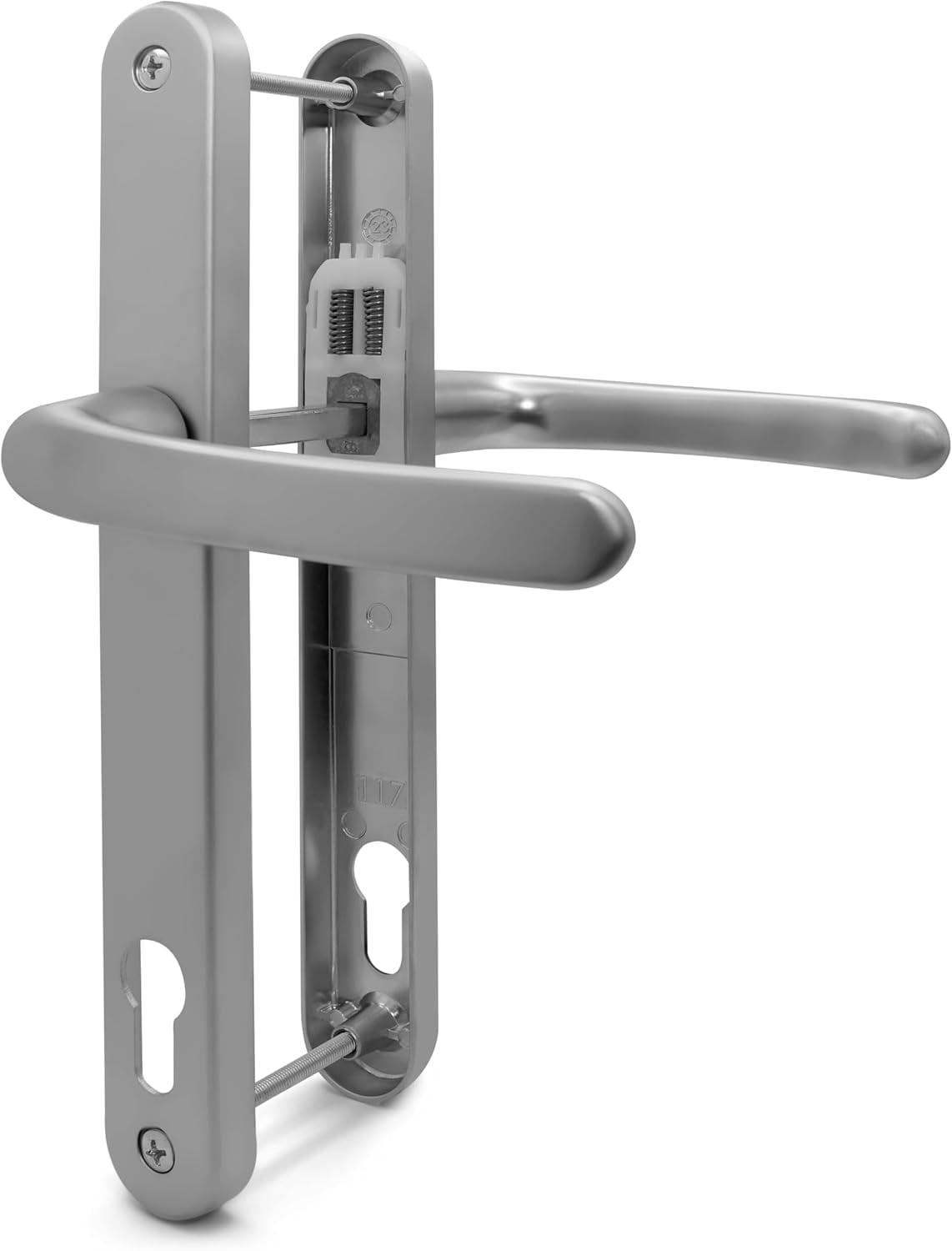 Silver UPVC Door Handle Pair Set, 117mm PZ (Centres), Sprung, Lever ...