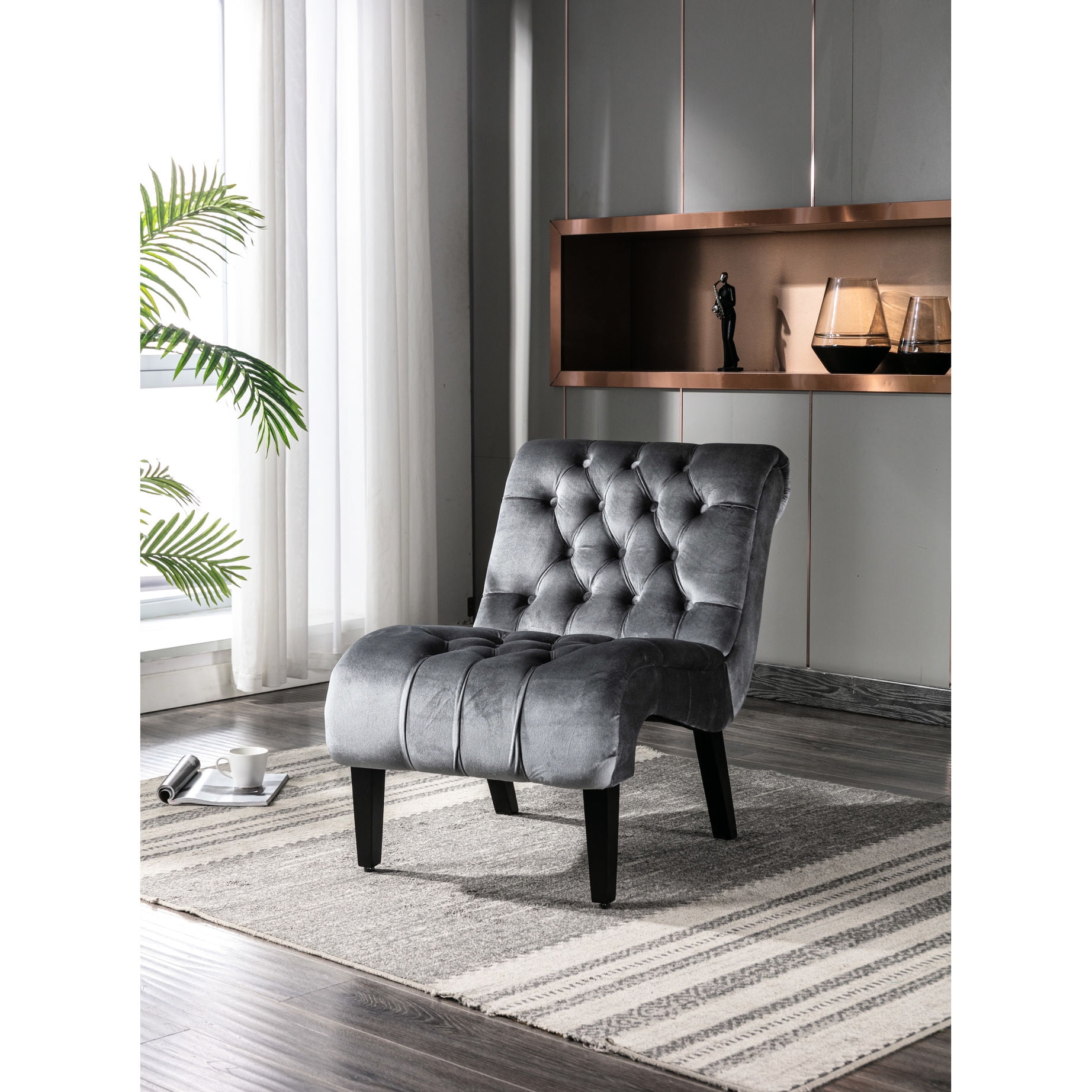 Silver Velvet Chair with Tapered Black Legs - Walmart.com