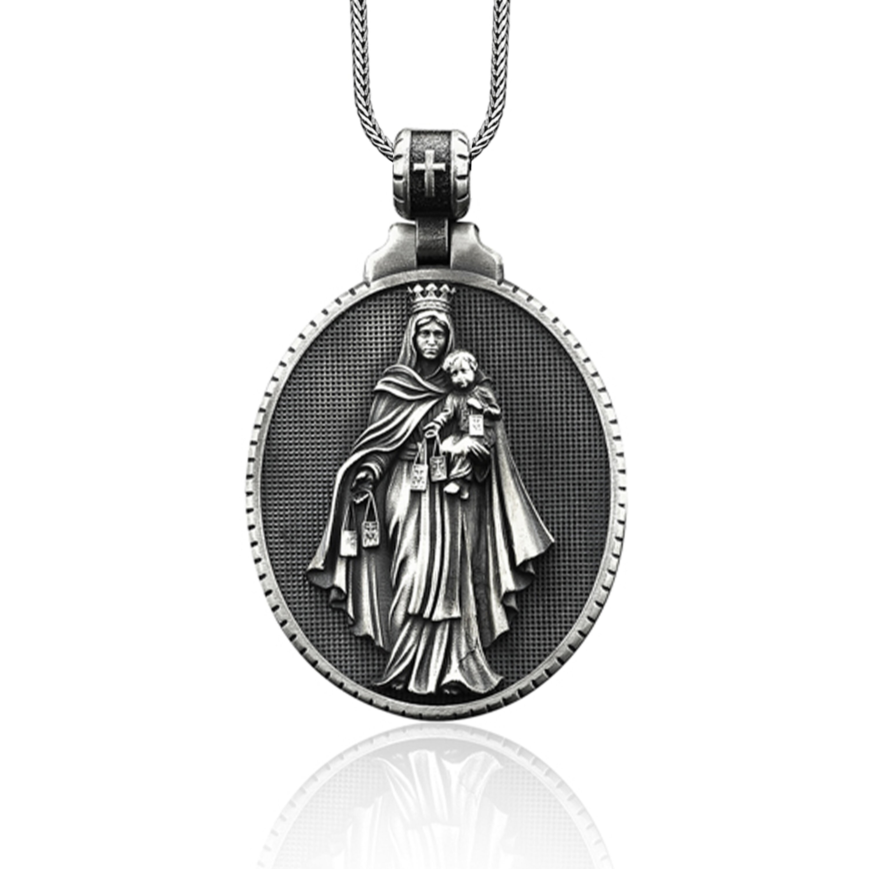 Silver Virgin Mary Mens Necklace, Virgen Del Carmen Pendant, Silver ...