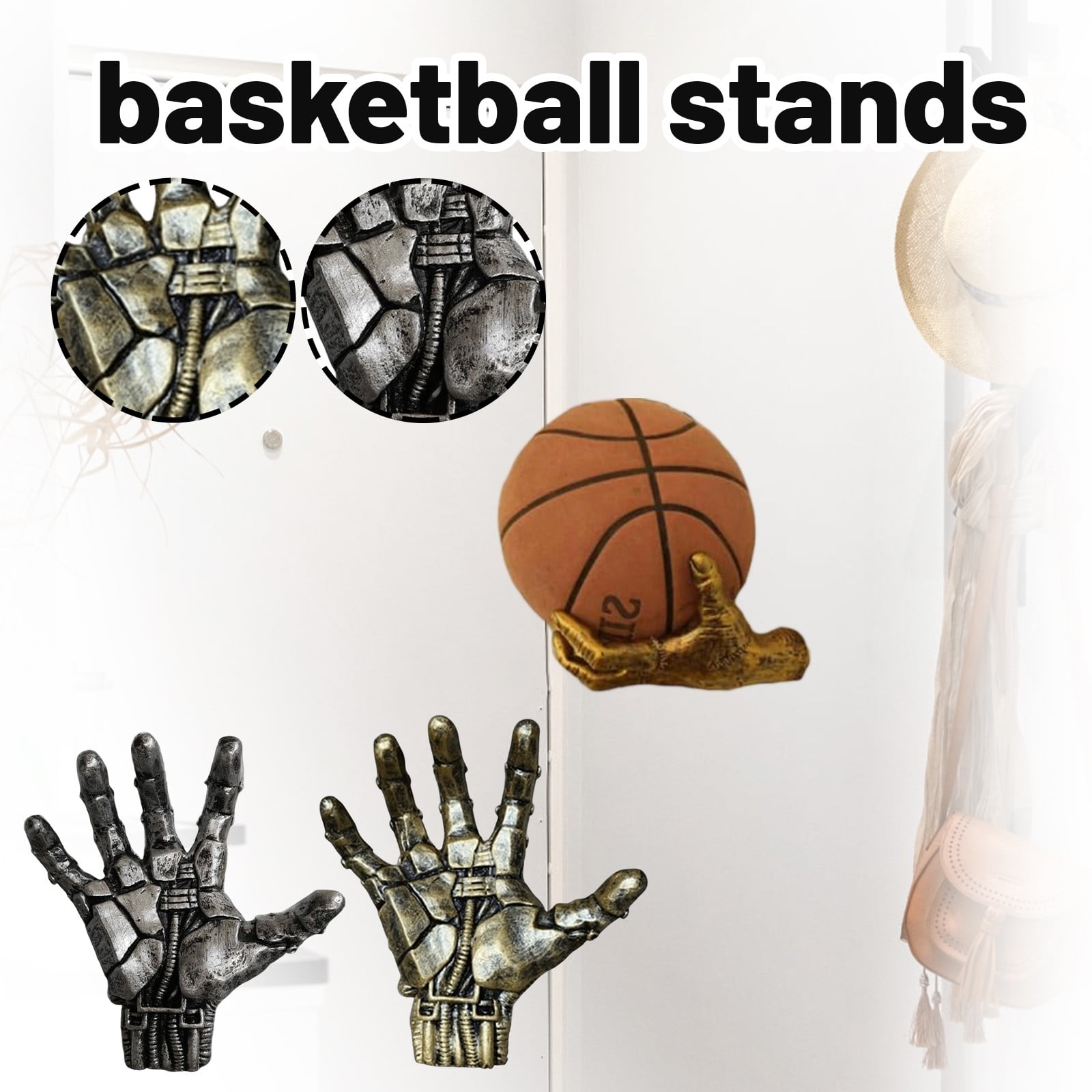 Silver Wall Mount Art Decor Basketball Holder, Hand Shaped Ball Display ...