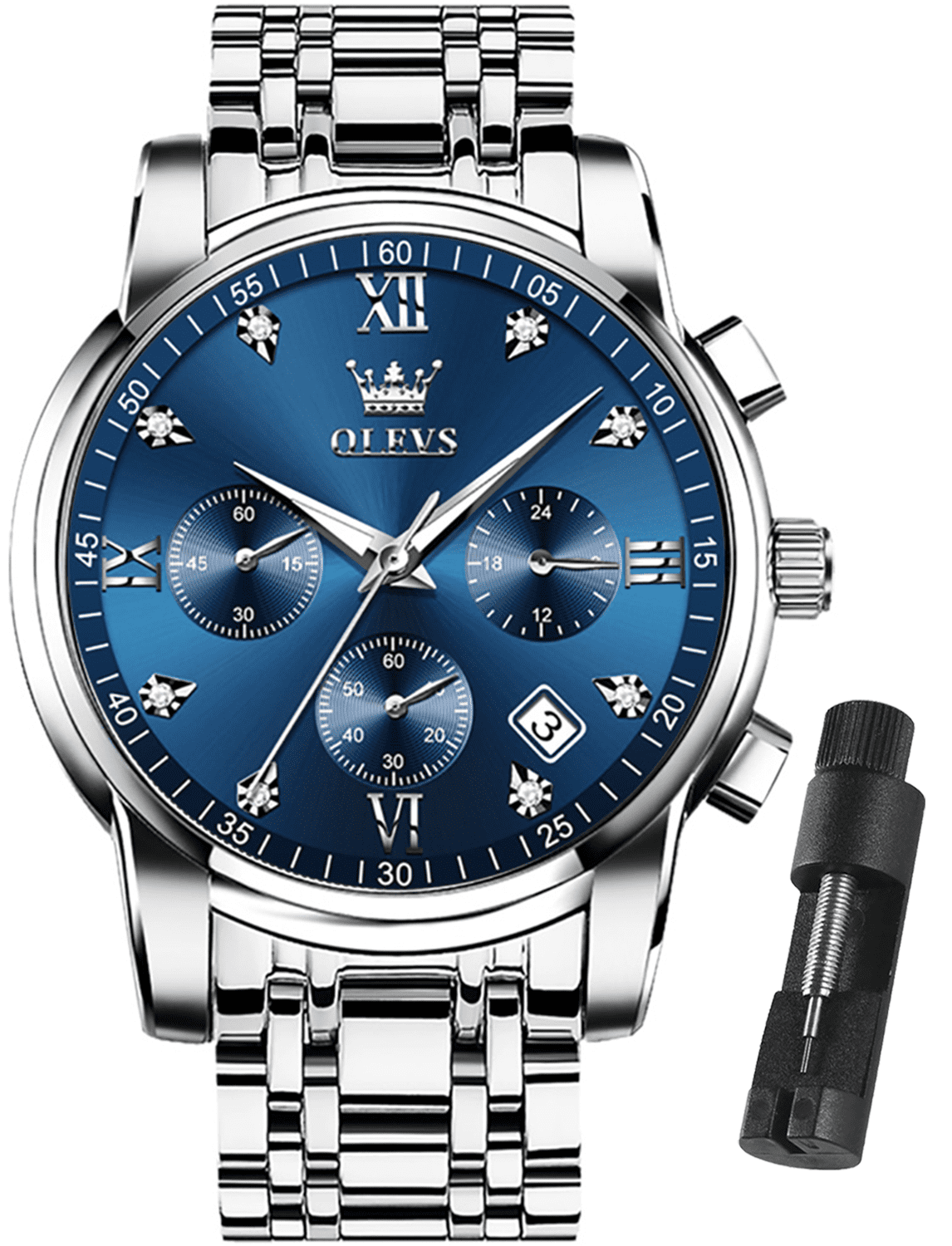 OLEVS Silver Men's Watch with Blue Face, Luxury Stainless Steel ...