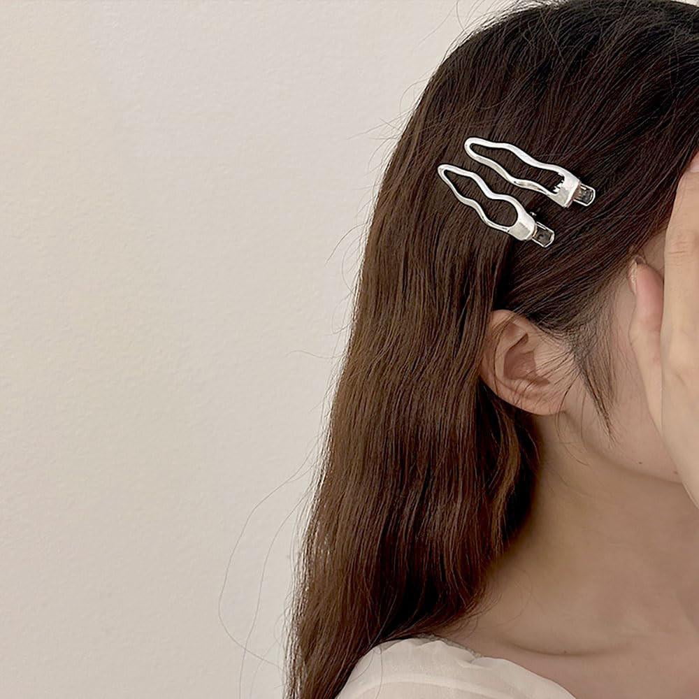 Silver Wave Metal Duckbill Hair Clip with Crocodile Leather Detail 2 ...