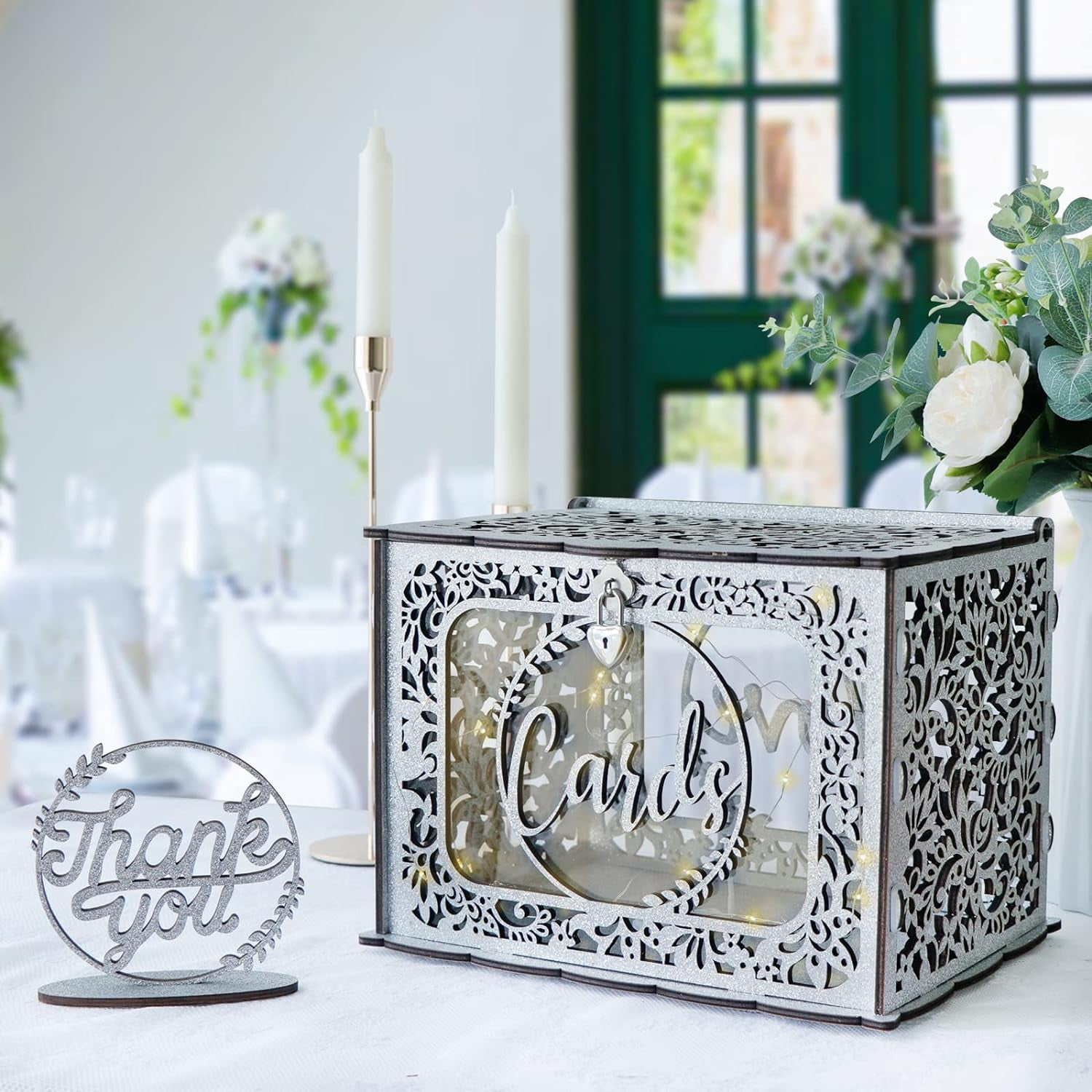 Silver Wedding Card Box with Lock, Wooden Gift Card Box for Wedding ...