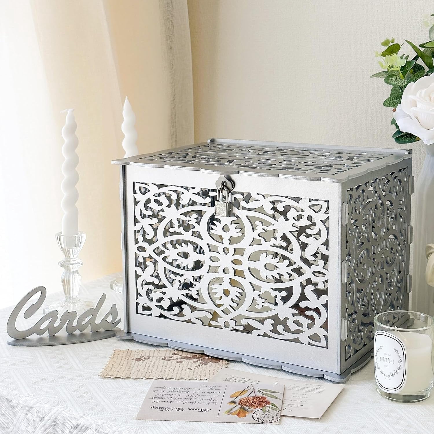 Silver Wedding Card Box for Wedding Reception, Wooden Card Boxes with ...