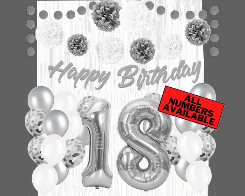 Silver & White 18th Birthday Decorations - 40" Number Balloons &More ...