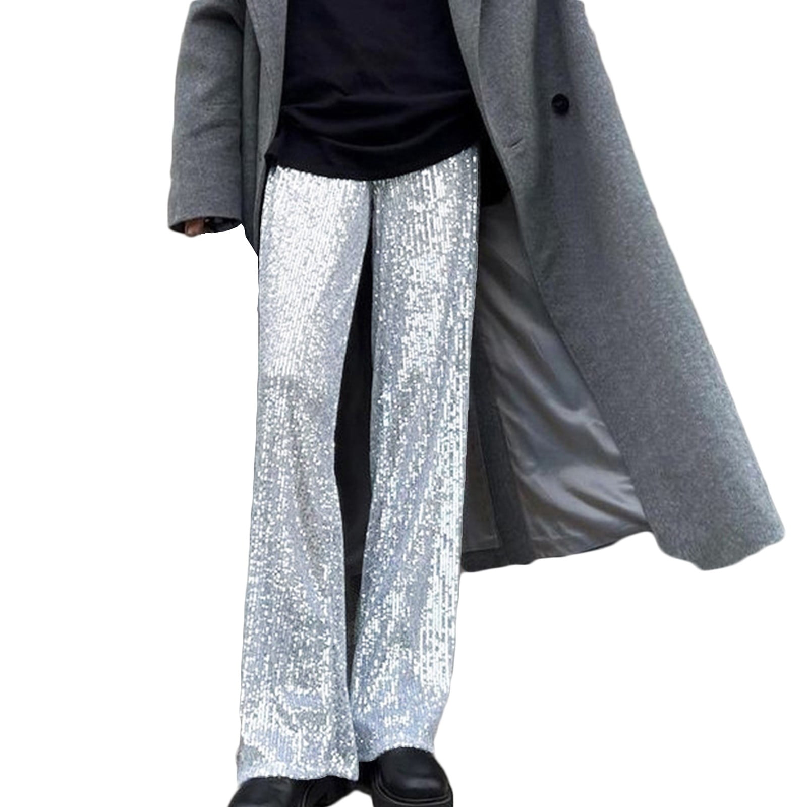 Silver Womens Loose Fit Pants for Ladies Disco Club Lounge Sequin Bling ...