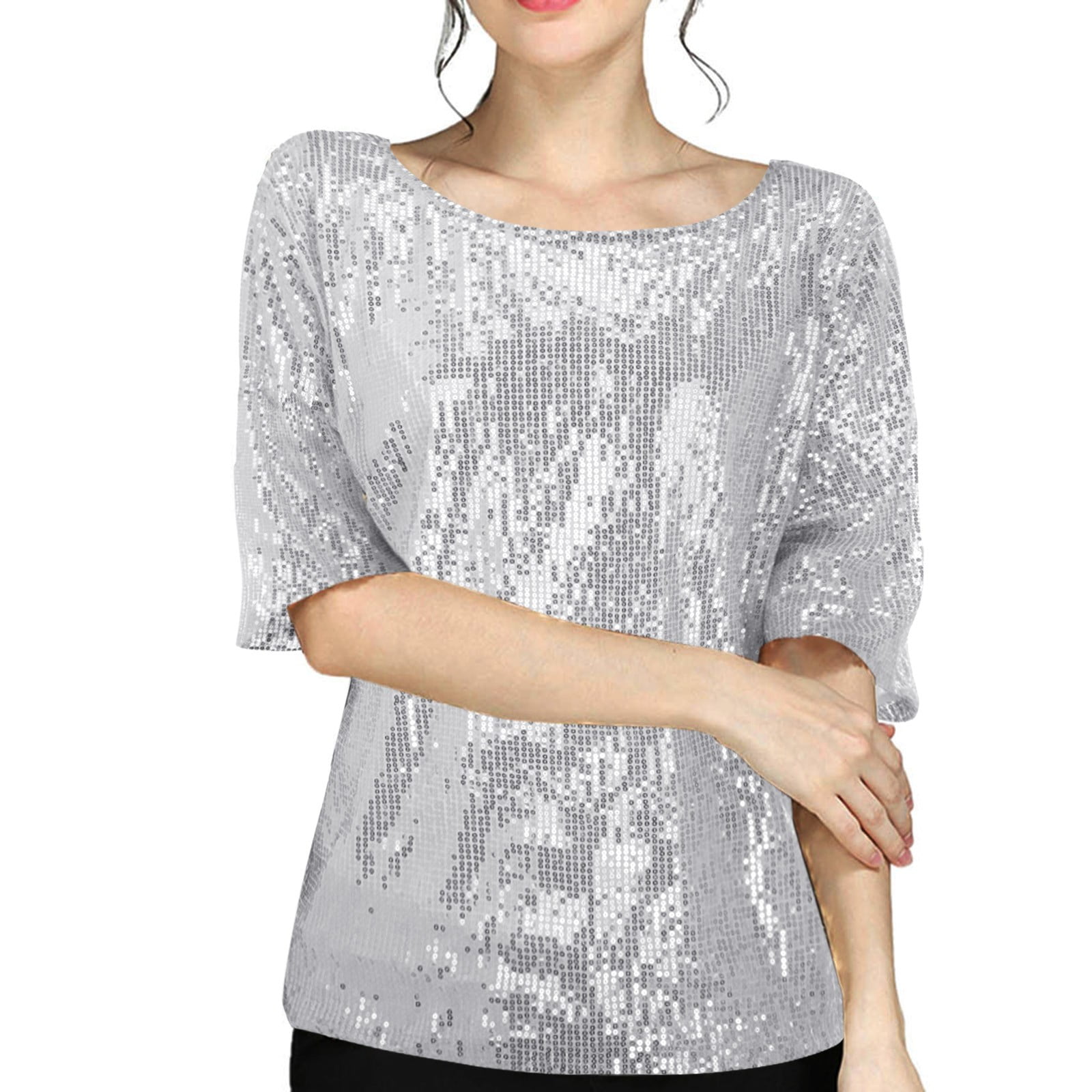 Silver Womens Tops Blouse Fashion Casual Sequins Party Top Tops Women ...