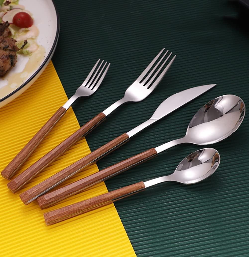Silver Wooden Handle Silverware Set, 60-Piece Stainless Steel Flatware ...