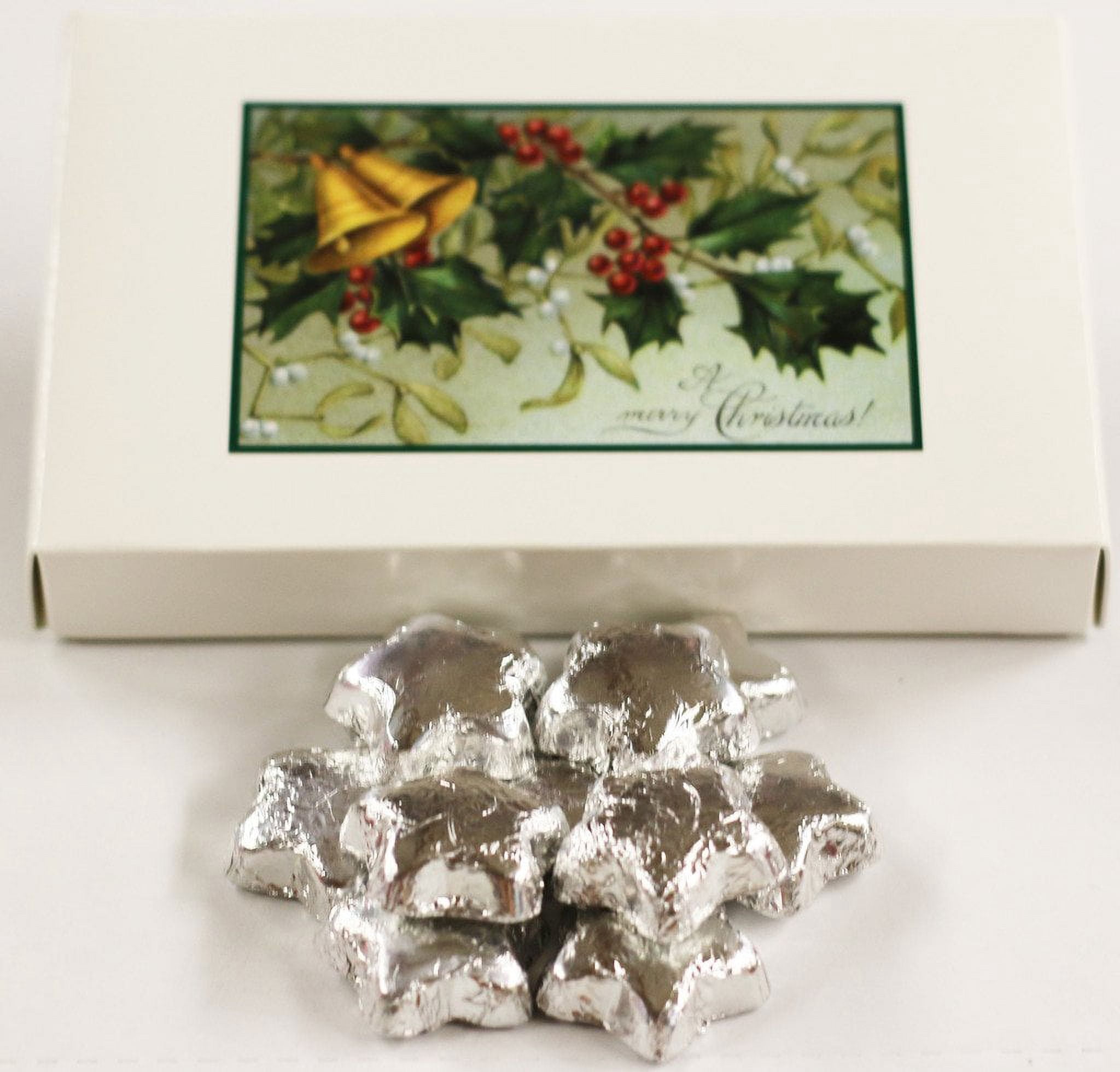 Silver Wrapped Solid Milk Chocolate Stars in a 8 oz. Mistletoe Box ...
